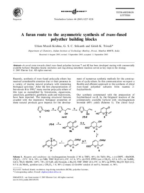 Pdf A Furan Route To The Asymmetric Synthesis Of Trans Fused Polyether Building Blocks