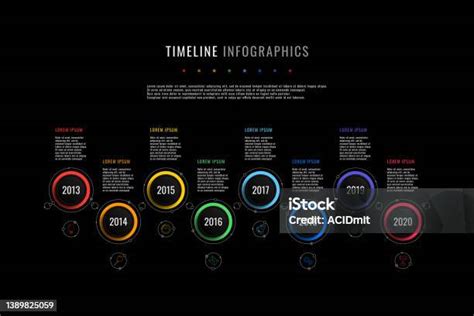 둥근 요소 연도 표시 및 검은 배경에 텍스트 상자가있는 수평 타임라인 인포그래픽 사실적인 3d 용지 컷 디자인 최신 벡터 회사 프리젠 테이션 슬라이드 템플릿 Eps 10 0