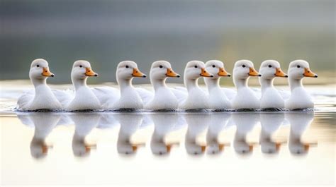A Row Of Ducks Reflecting In The Water Premium Ai Generated Image