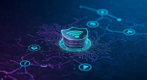 Futuristic Digital Illustration Featuring A Central Shield Icon With A Wi Fi Symbol Stock