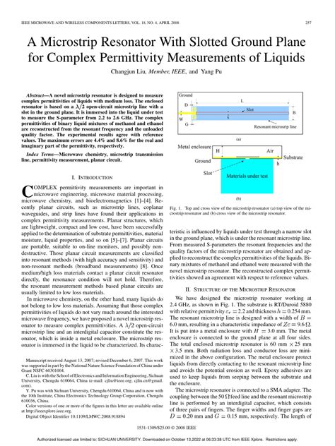 Pdf A Microstrip Resonator With Slotted Ground Plane For Complex Permittivity Measurements Of