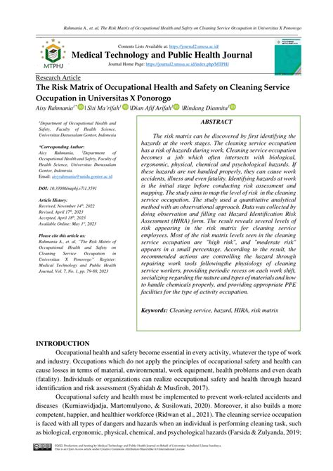 Pdf The Risk Matrix Of Occupational Health And Safety On Cleaning
