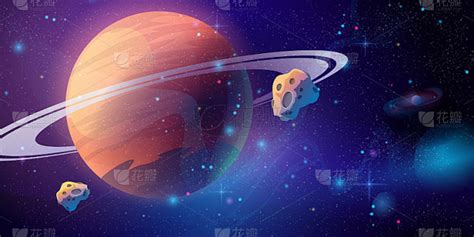 太空星系背景与土星行星和小行星，卡通宇宙纹理。向量星空未来表面与紫色星云，宇宙尘埃风景。布满星星和行
