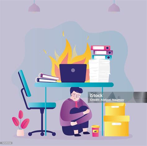 화가 난 남자 직원이 테이블 아래에 앉아 있습니다 화염에 휩싸인 작업장 불타는 노트북 마감일 직장에서의 소진 사업가 과로 정서적 스트레스 피곤한 기업가 나쁜 시간 관리