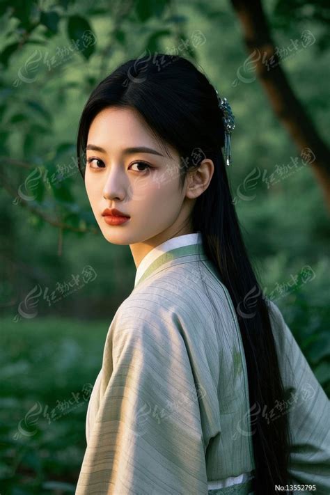 亚洲女人留着黑色的长发和绿色的连衣裙高清ai图片下载 红动中国