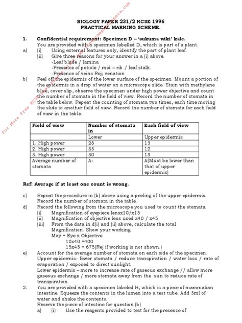 Kcse 1996 Biology Questions Pdf Leaf Gill