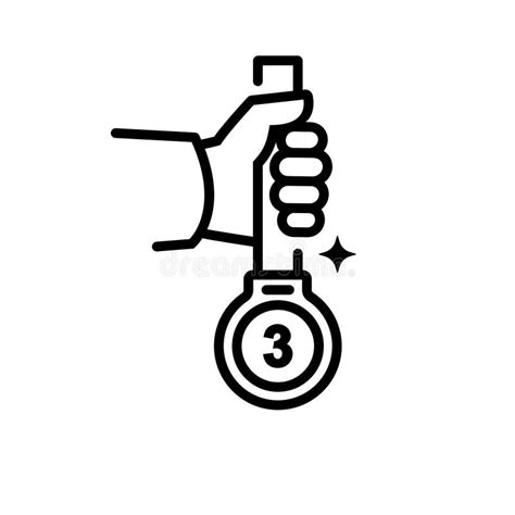 3rd Place Bronze Medal With Ribbon In Hand Black Line Icon Vector
