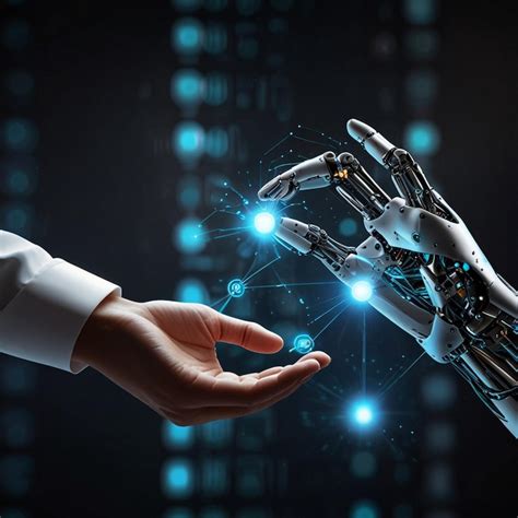 Robot And Human Hands Touch On A Virtual Data Network Symbolizing Future Science And Innovation