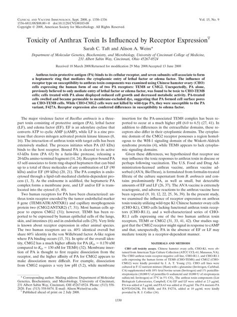 PDF Toxicity Of Anthrax Toxin Is Influenced By Receptor Expression