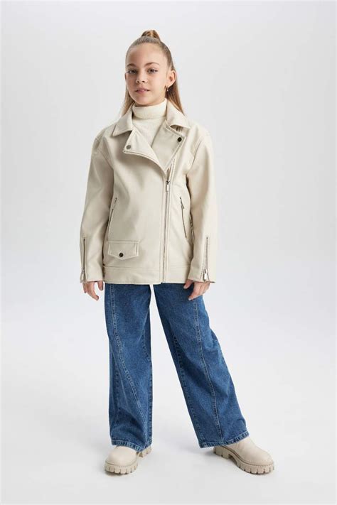 بيج فاتح بناتي جاكيت بناتي جلد صناعي وتر برووف وياقة جاكيت 2940364