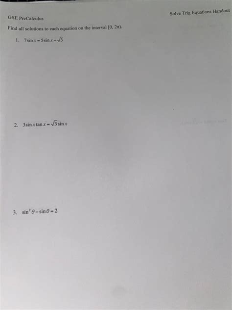 Solved Solve Trig Equations Handout Gse Precalculus Find All