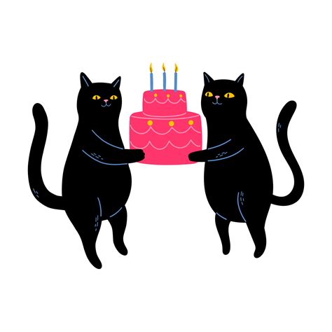 Two Black Cats Holding Birthday Cake 23650458 Vector Art At Vecteezy