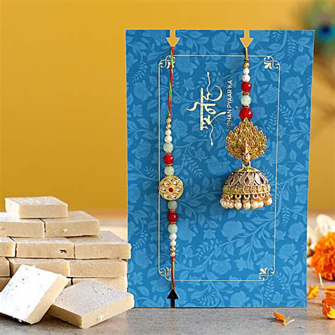 Dancing Peacock Jhumki Lumba Rakhi Set With Kaju Katli Singapore T