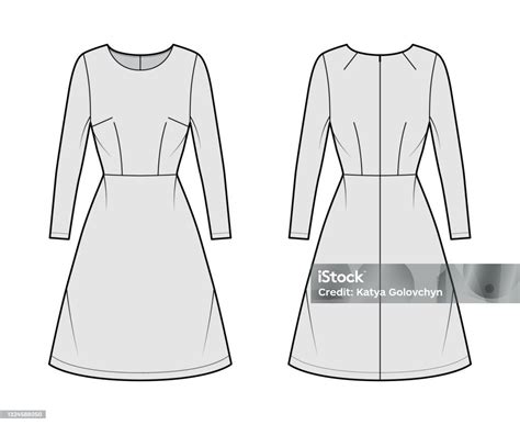 드레스 A 라인 기술 패션 일러스트와 긴 소매 몸에 맞는 자연스러운 허리 라인 무릎 길이 스커트 플랫 0명에 대한 스톡 벡터 아트 및 기타 이미지 Istock