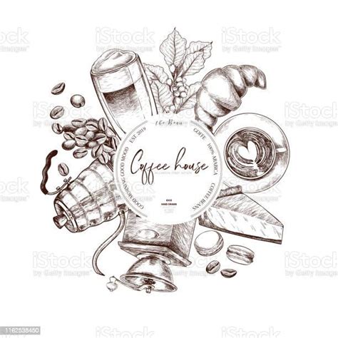 커피 세트입니다 손으로 그린 컵 크루아산트 주전자 파이 분쇄기 마카로니 곡물 벡터 빈티지 아이콘입니다 커피 숍 디자인 템플릿입니다 브랜드 아이덴티티 레스토랑 또는 카페 메뉴