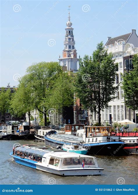 Amsterdam Zuiderkerk Kanal Med Kanalhus Och Fartyg Redaktionell