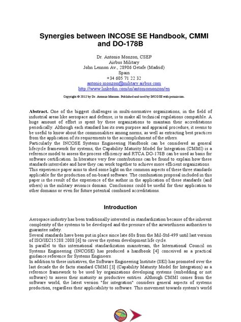 Synergies Between Incose Se Handbook Cmmi And Do 178b Pdf Quality Assurance Software
