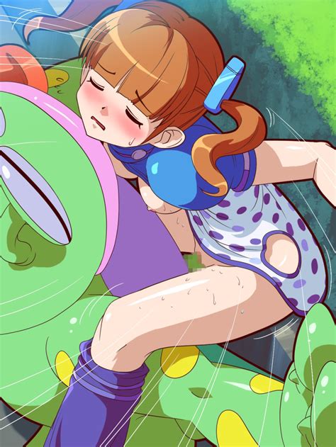 Rule 34 Blush Breasts Brown Hair Censored Closed Eyes Clothing Dress Dress Lift Exposed