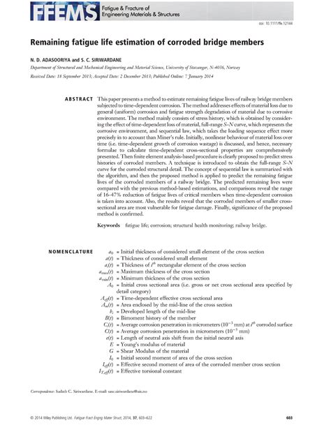 Fatigue Fract Eng Mat Struct 2014 Adasooriya Remaining Fatigue Life Estimation Of Corroded