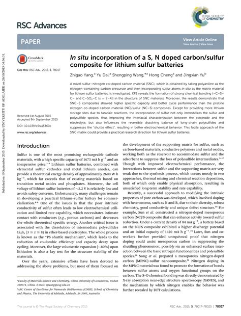 Pdf In Situ Incorporation Of S N Doped Carbonsulfur Composite For Lithium Sulfur Batteries