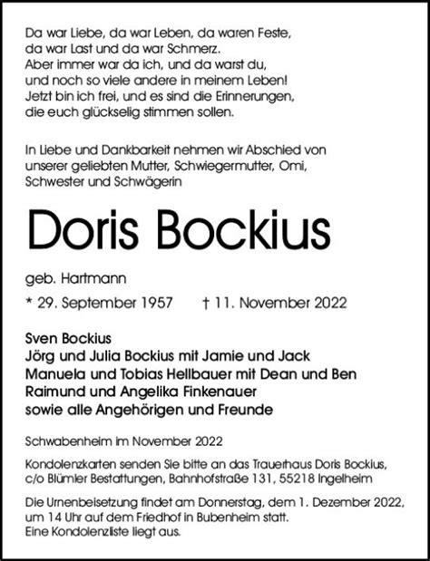 Traueranzeigen Von Doris Bockius Vrm Trauer De
