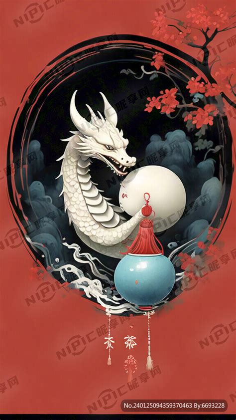 Ai创作图红色背景 一条中国龙抱着一颗大明珠 昵图网