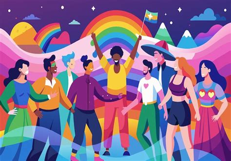 Premium Vector People Standing In Front Of Rainbow