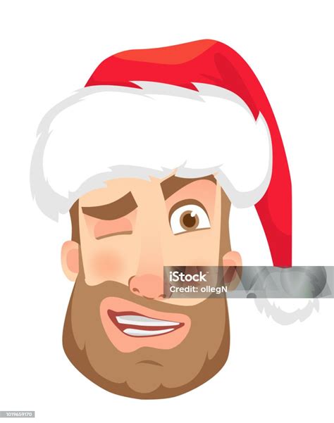 산타 클로스 모자에 남자의 머리 남자 얼굴 식입니다 인간의 감정입니다 만화 벡터 일러스트 레이 션의 집합입니다 윙크 감정에 대한 스톡 벡터 아트 및 기타 이미지 Istock