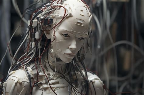 Premium Photo Portrait Of A Humanoid Robot With Wires And Servos On