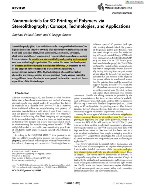 Nanomaterials For 3d Printing Of Polymers Via Sla Concepts Technologies Apllication Pdf 3