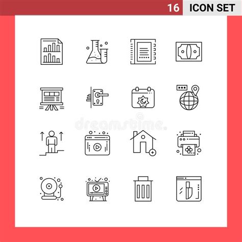 Set Of 16 Vector Outlines On Grid For Money Cash Science Business Contacts Stock Vector