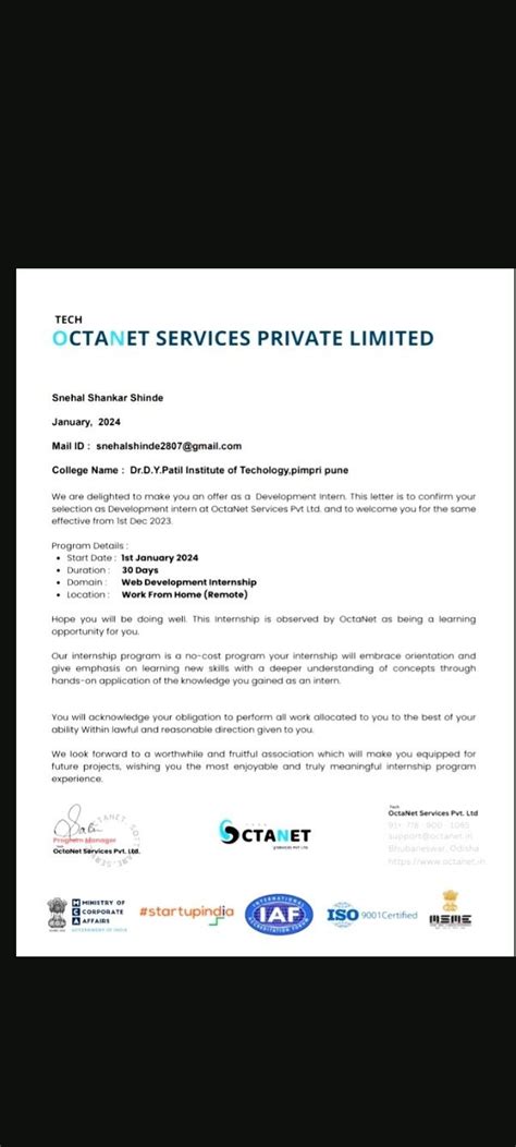 Snehal Shinde On Linkedin Octanet Octanet Octanetinternship