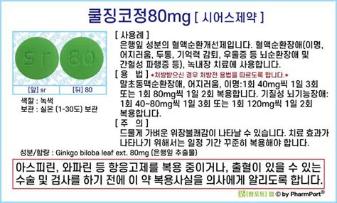 팜포트 쿨징코정80mg 은행엽건조엑스 Ginkgo Biloba Leaf Ext 시어스제약 약품정보 복약안내문