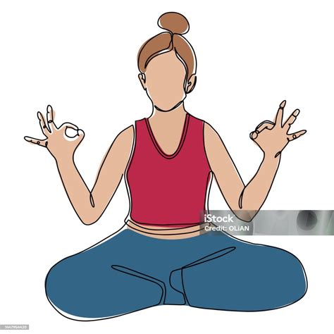 요가 연꽃 포즈를 취한 소녀 벡터 손으로 그린 그림입니다 젊고 행복한 여자는 명상하고 요가를 연습합니다 한 줄에 연속 그리기