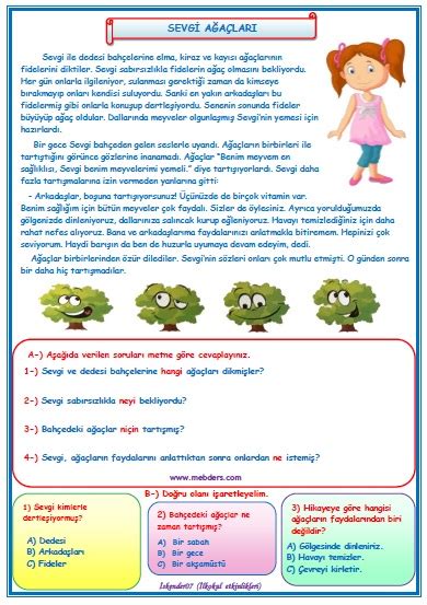 2 Sınıf Türkçe Sevgi Ağaçları Okuma Anlama Metin Çalışması 34 Meb Ders