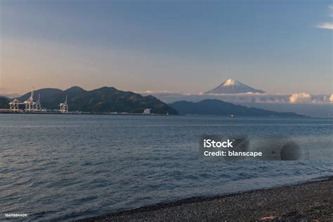 Suruga Bay From Miho Beach With Factory Dock And Mt Fuji Shimizu Stock