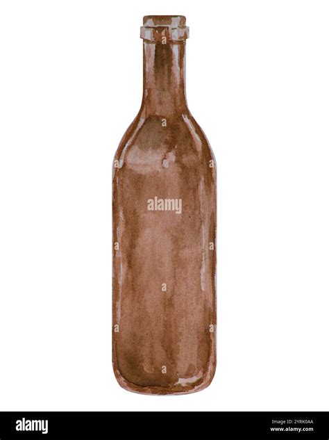 Watercolor Illustration Of A Brown Glass Beer Bottle With A Simple
