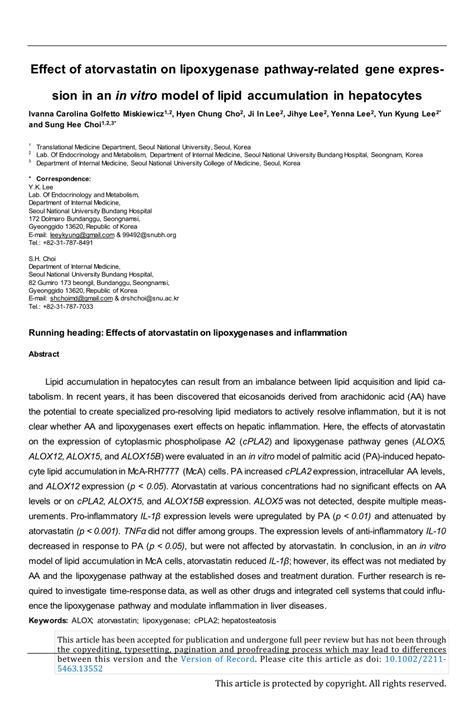Pdf Effect Of Atorvastatin On Lipoxygenase Pathway Related Gene