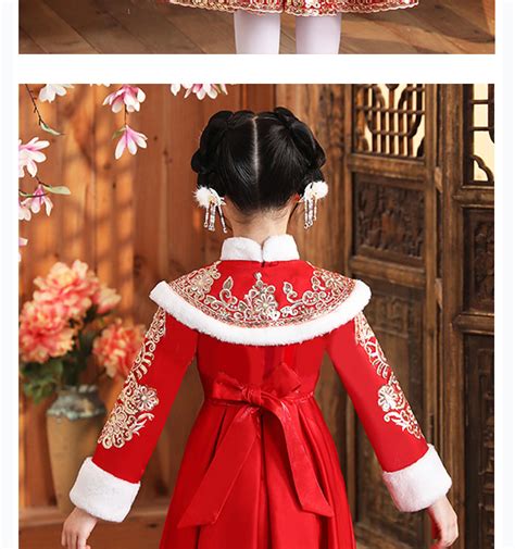 儿童汉服女童连衣裙冬装新款过年服装秋冬季加厚新年装红色拜年服 阿里巴巴
