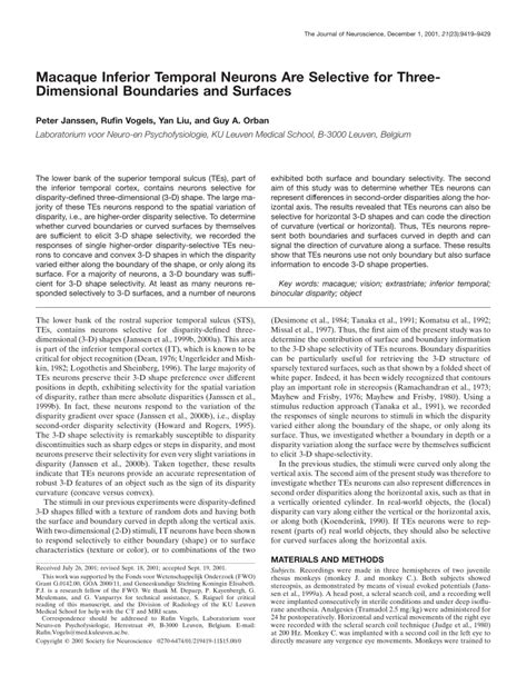 Pdf Macaque Inferior Temporal Neurons Are Selective For Three Dimensional Boundaries And Surfaces