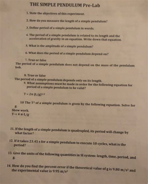 Solved THE SIMPLE PENDULUM Pre Lab State The Objectives Chegg