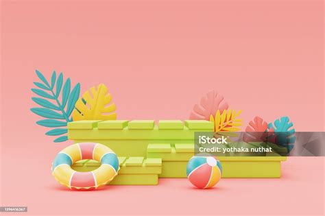 다채로운 팽창식 반지 비치 볼 및 야자 잎 3d 렌더링이있는 여름 디스플레이 수박에 대한 스톡 사진 및 기타 이미지 수박