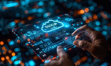 Data Protection Concept With A Person Holding A Holographic Cloud Computing Backup System On A