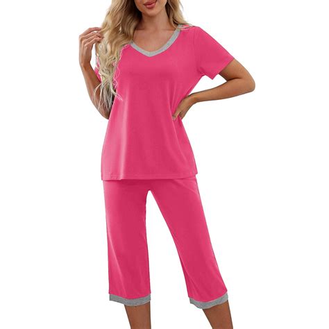 Timegard 2 Piece Pjs Sets For Women V Neck Short Sleeve Top And Wide