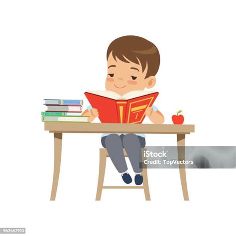 책상에 앉아과 읽기 책 초등 학생 흰색 배경에 일정 한 벡터 일러스트 레이 션에에서 귀여운 소년 교육에 대한 스톡 벡터 아트 및 기타 이미지 Istock