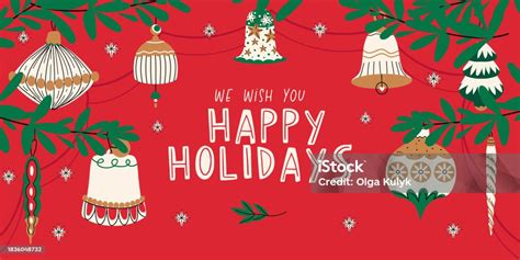 크리스마스 트리와 종을 가진 손 레터링 텍스트 배너를 해피 홀리데이 겨울 휴일 빨간 배경 인사말 카드 표지 프레임 및 인쇄 복고풍에 대한 스톡 벡터 아트 및 기타 이미지