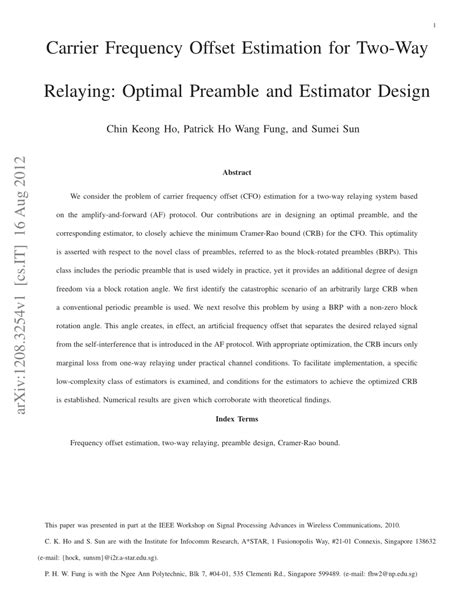 Pdf Carrier Frequency Offset Estimation For Two Way Relaying Optimal Preamble And Estimator