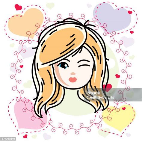 벡터 일러스트 레이 션 아름 다운 금발의 행복 한 여자의 얼굴 긍정적인 얼굴 기능 클립 아트 십 대 윙크입니다 감정에 대한 스톡 벡터 아트 및 기타 이미지 Istock