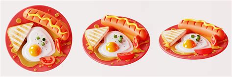 흰색 배경에 스크램블 에그 야채 소시지 토스트가 있는 아침 식사의 3d 그림 음식에 대한 스톡 사진 및 기타 이미지 음식