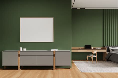 침대와 작업 공간 서랍 및 모형 프레임이 있는 녹색 호텔 침실 인테리어 0명에 대한 스톡 사진 및 기타 이미지 0명 3차원